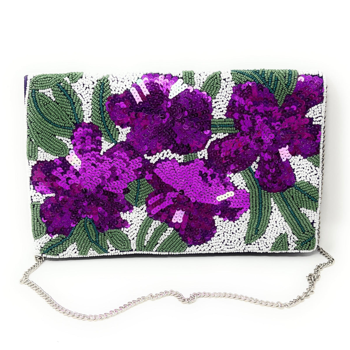 Hand Beaded Purple Clutch, Lily Seed Bead Clutch Bag, Floral Beaded Clutch
