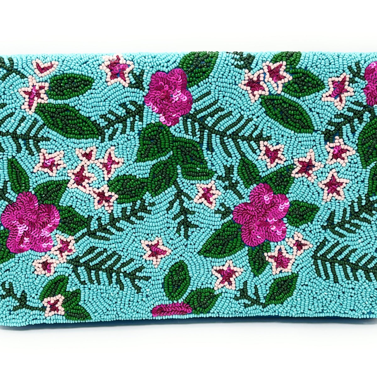 Floral Hand Beaded Clutch, Blue Seed Bead Clutch Bag, Floral Beaded Clutch