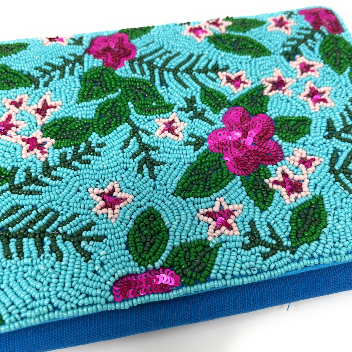 Floral Hand Beaded Clutch, Blue Seed Bead Clutch Bag, Floral Beaded Clutch